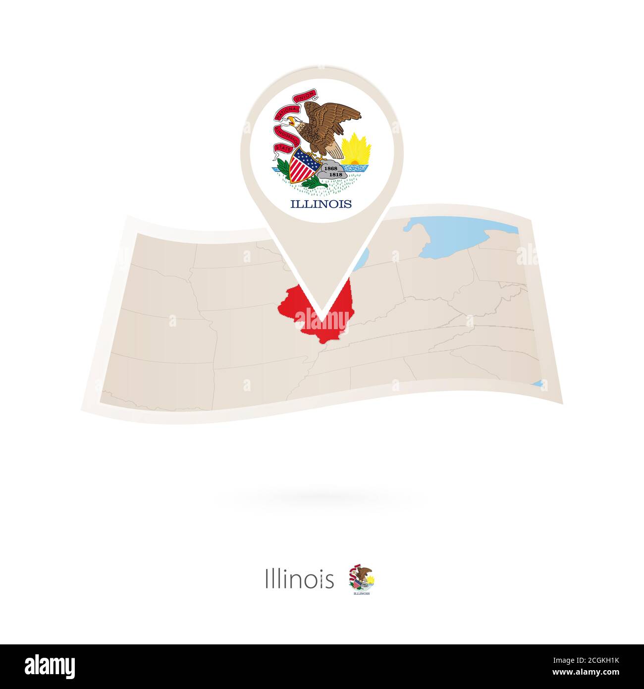 Folded paper map of Illinois U.S. State with flag pin of Illinois ...