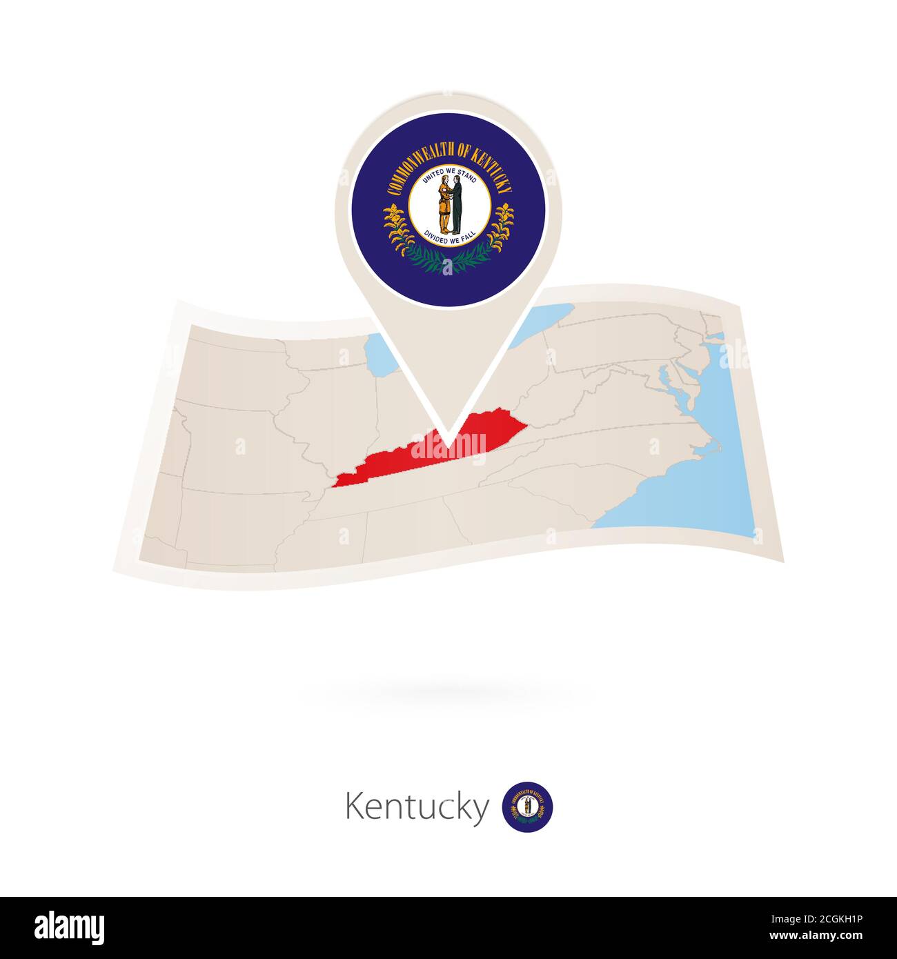 Folded paper map of Kentucky U.S. State with flag pin of Kentucky ...