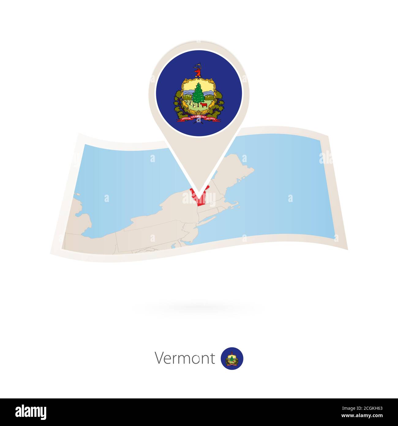 Folded paper map of Vermont U.S. State with flag pin of Vermont. Vector ...
