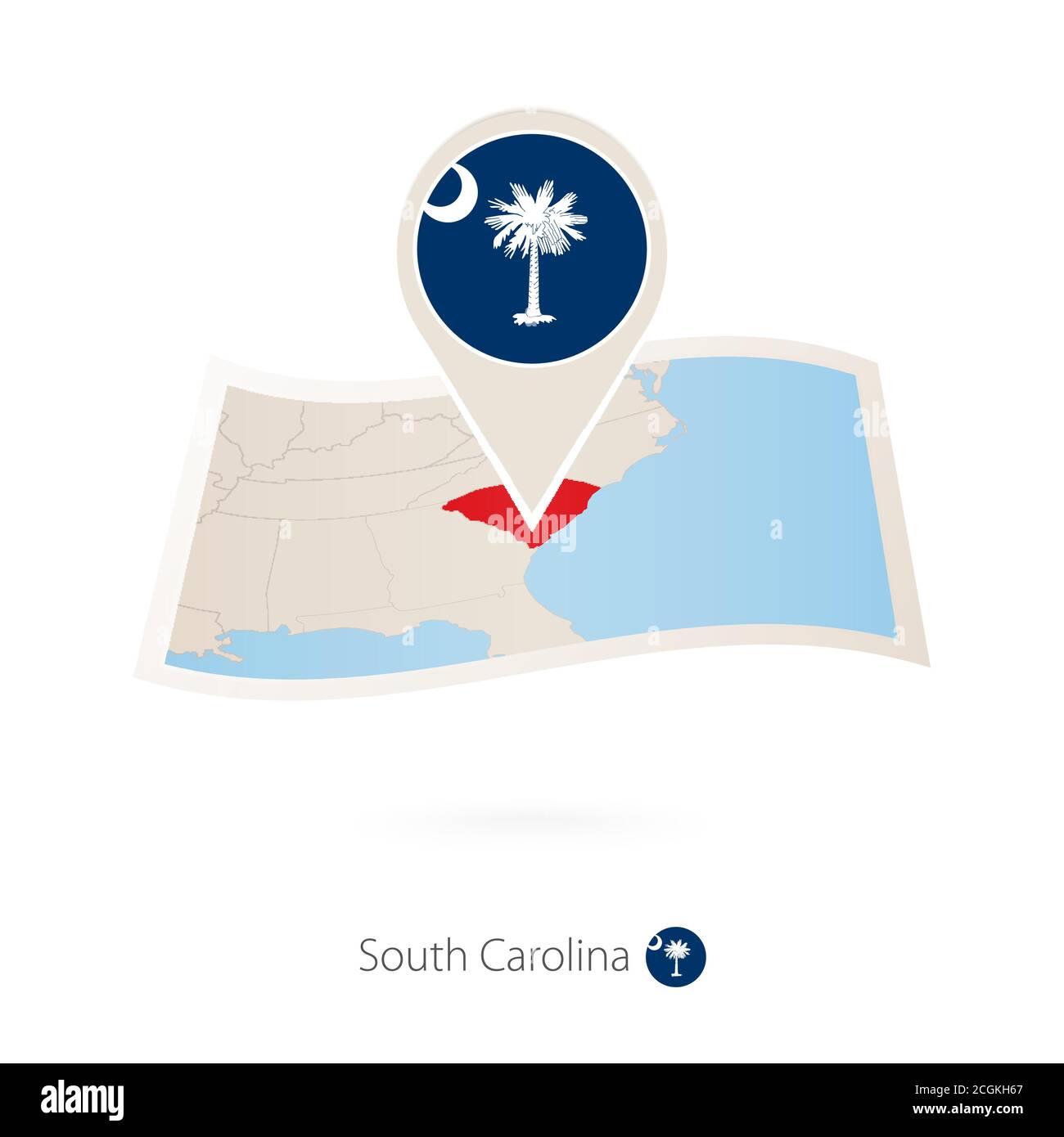 Folded paper map of South Carolina U.S. State with flag pin of South ...