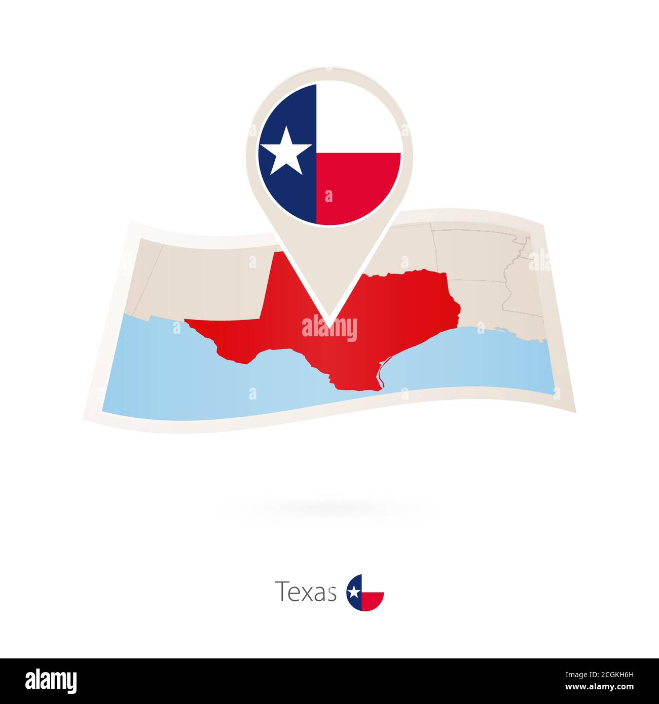 Folded paper map of Texas U.S. State with flag pin of Texas. Vector ...
