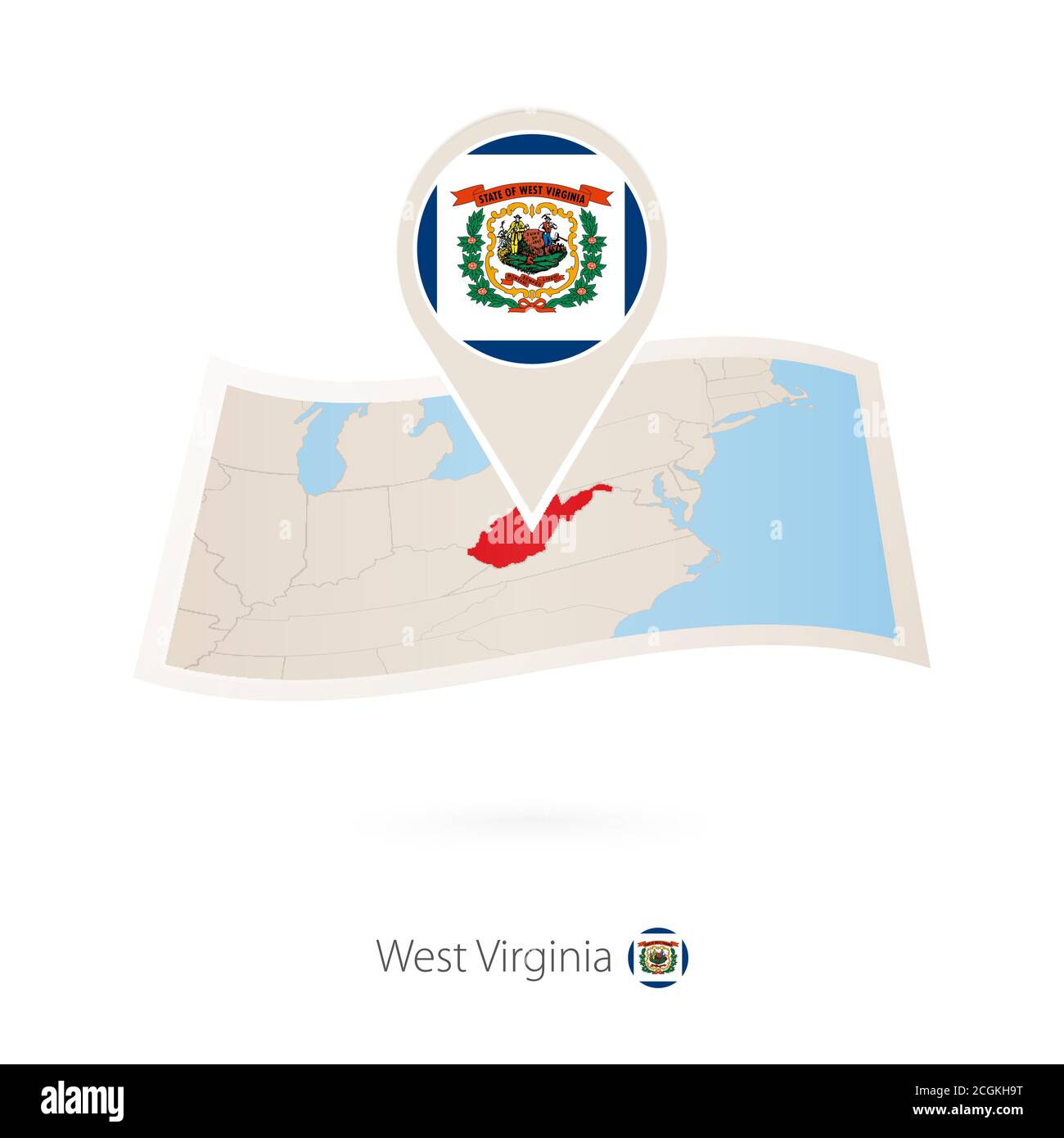 Folded paper map of West Virginia U.S. State with flag pin of West ...