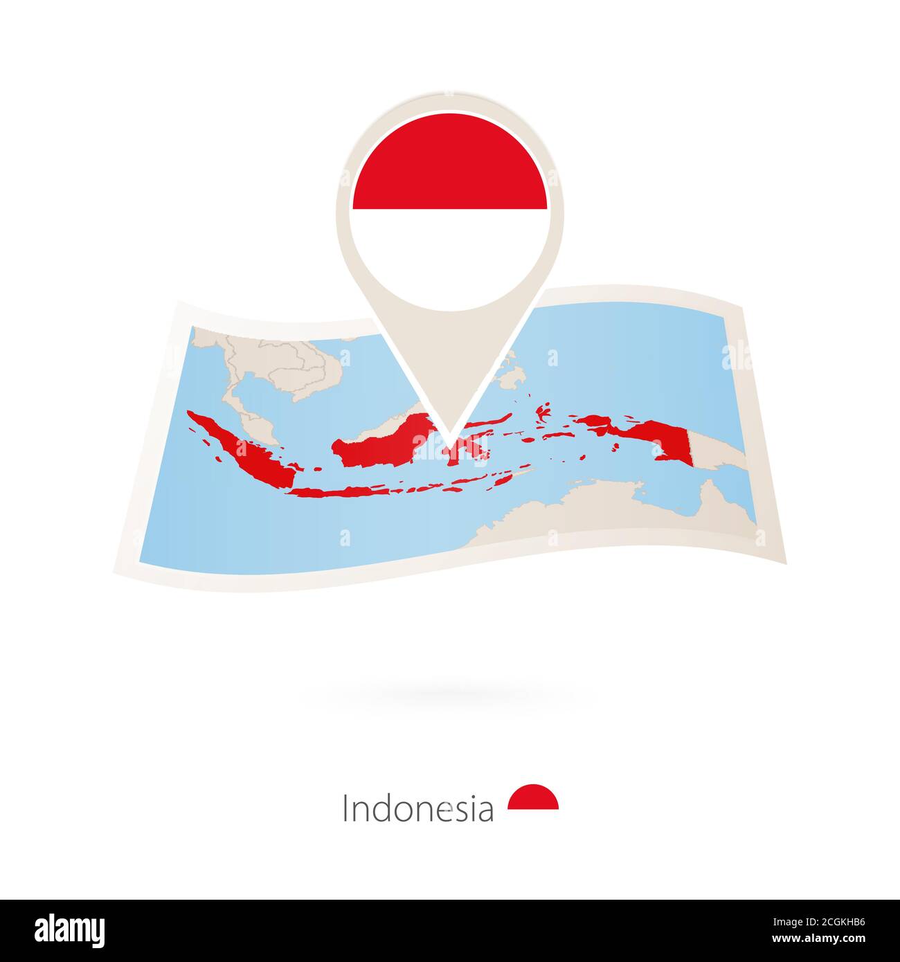 Folded paper map of Indonesia with flag pin of Indonesia. Vector ...