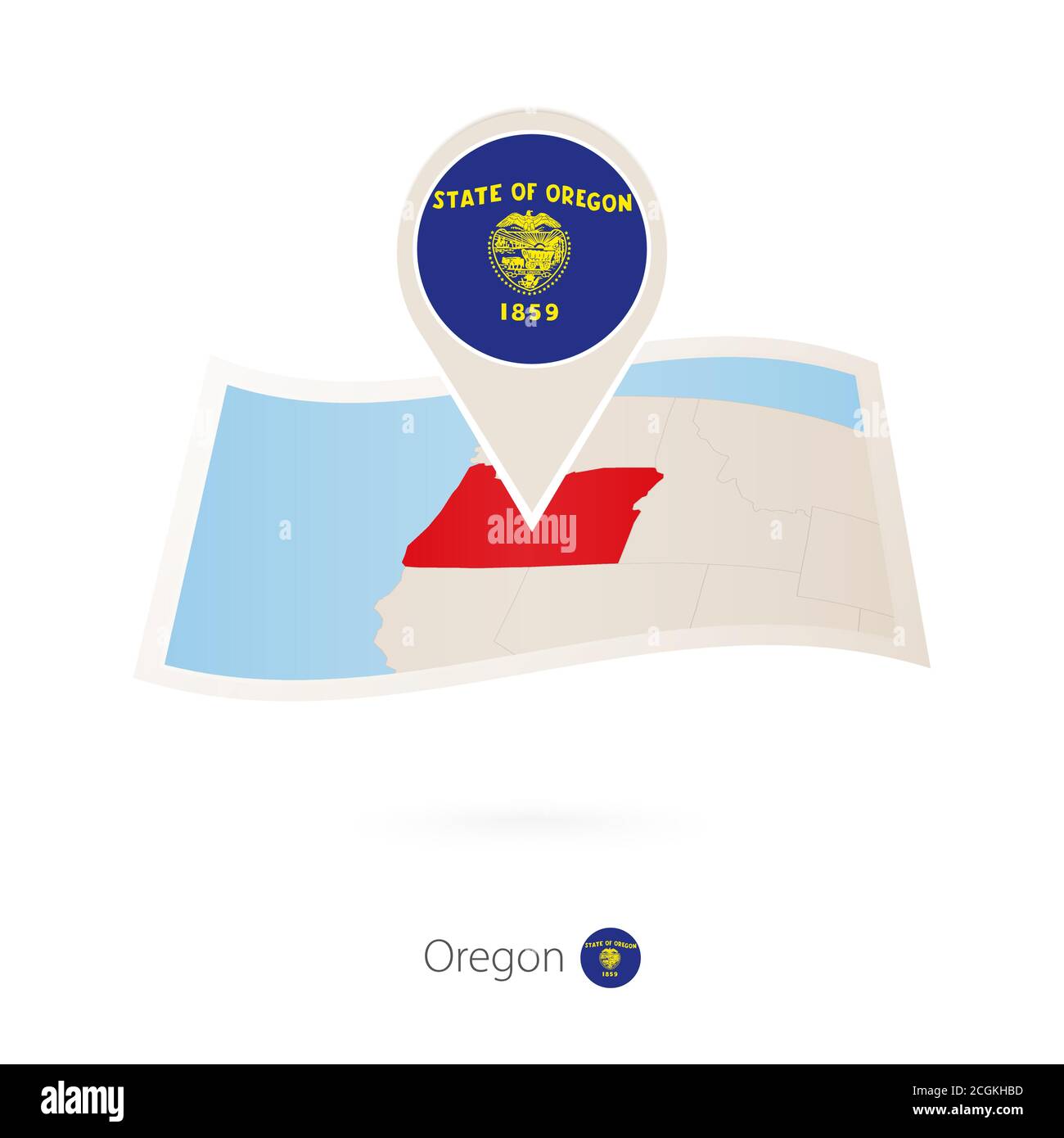 Folded paper map of Oregon U.S. State with flag pin of Oregon. Vector ...