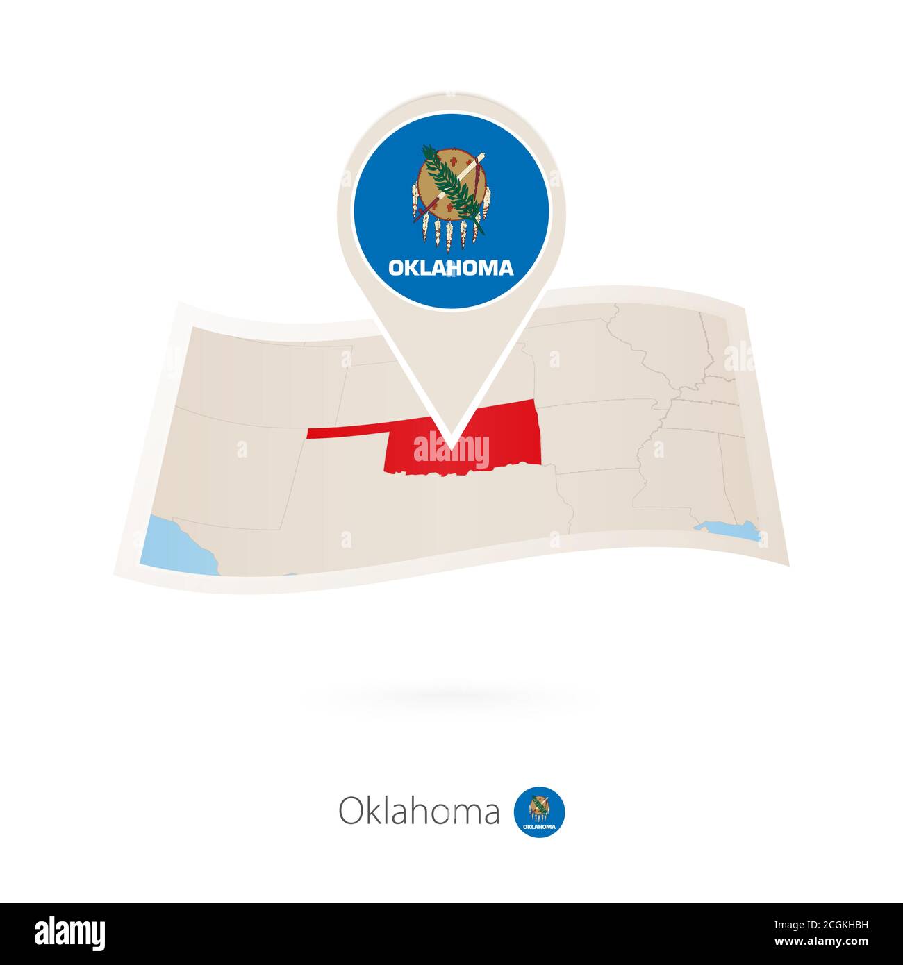 Folded paper map of Oklahoma U.S. State with flag pin of Oklahoma ...