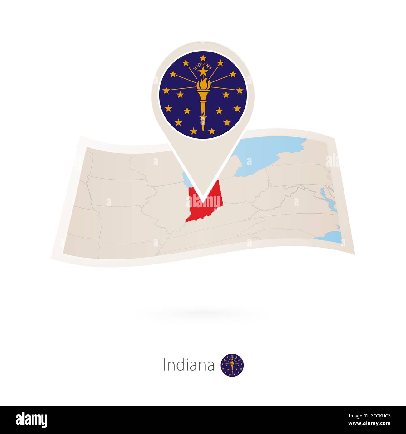 Folded paper map of Indiana U.S. State with flag pin of Indiana. Vector ...