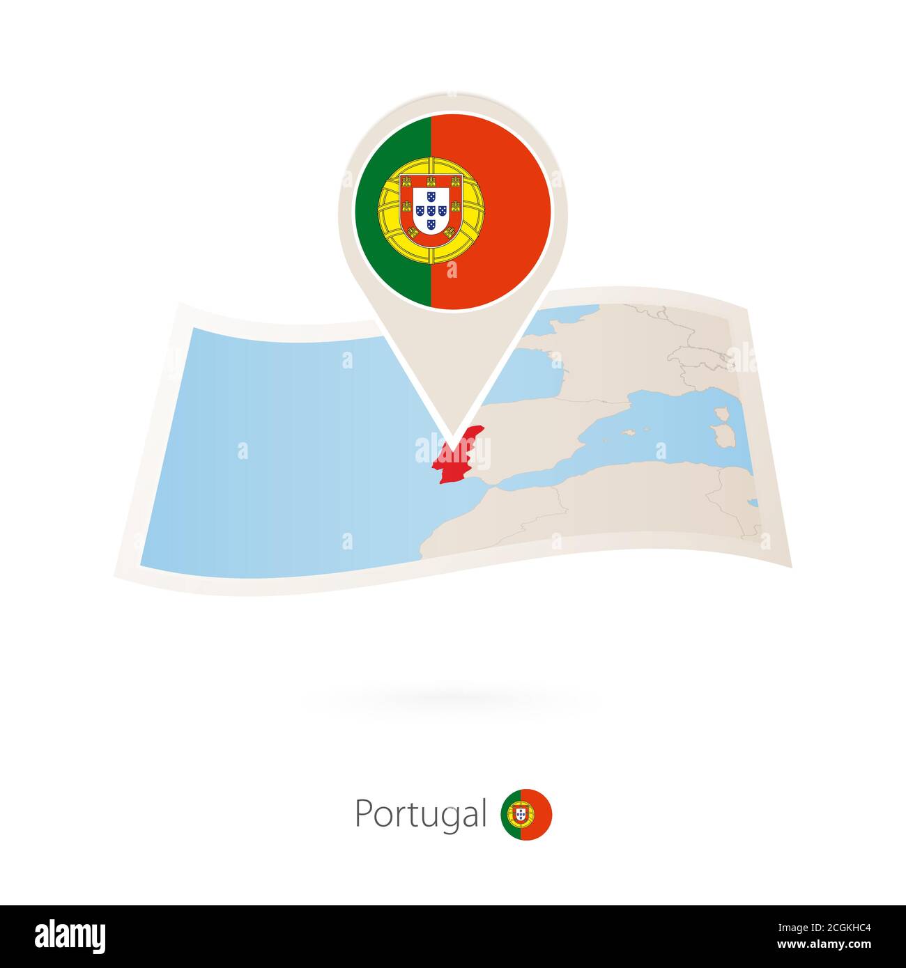 Folded paper map of Portugal with flag pin of Portugal. Vector ...