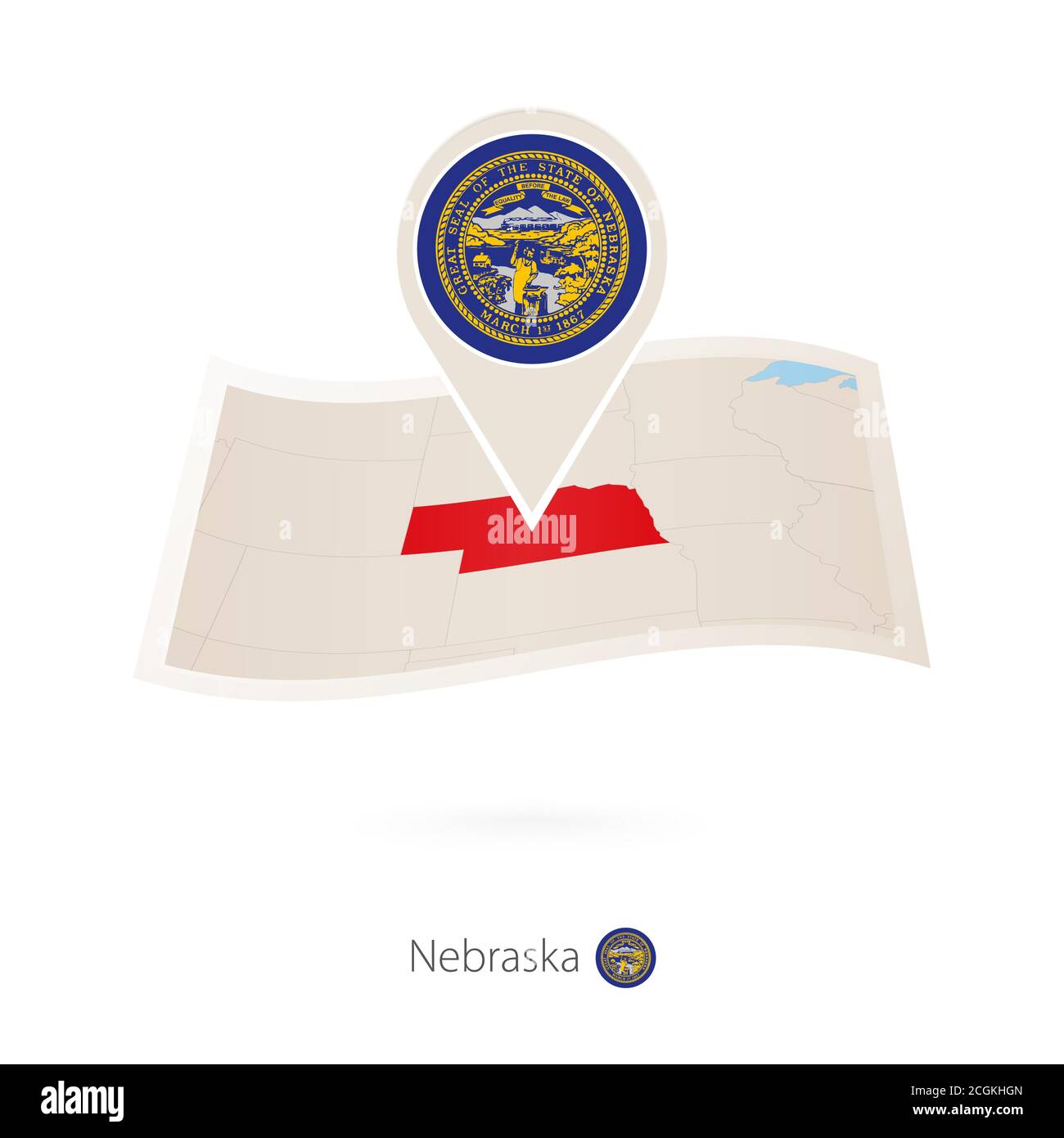 Folded paper map of Nebraska U.S. State with flag pin of Nebraska ...