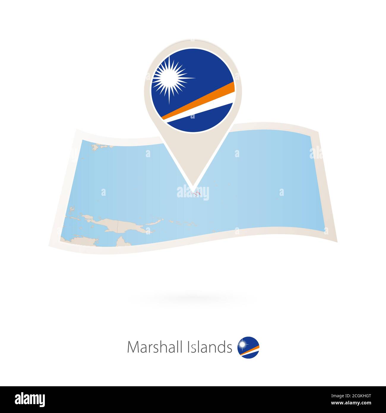 Folded paper map of Marshall Islands with flag pin of Marshall Islands ...