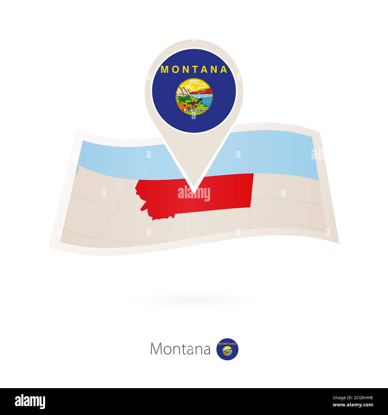 Folded paper map of Montana U.S. State with flag pin of Montana. Vector ...