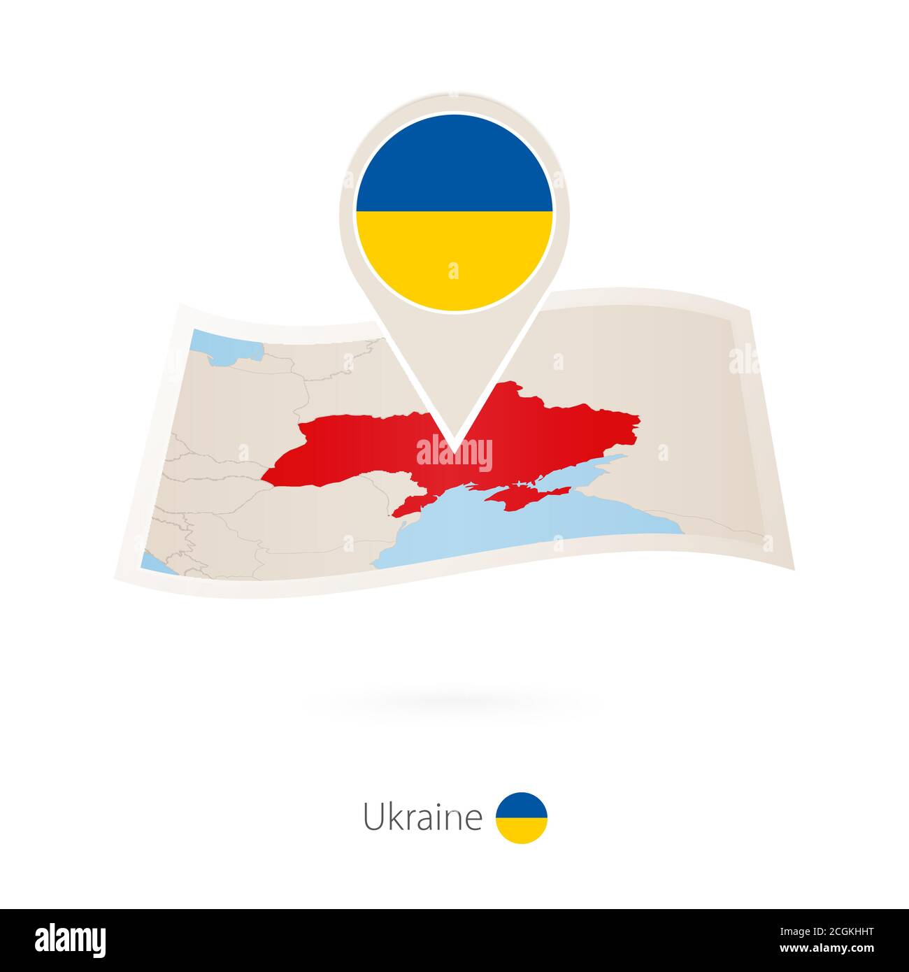 Folded paper map of Ukraine with flag pin of Ukraine. Vector ...