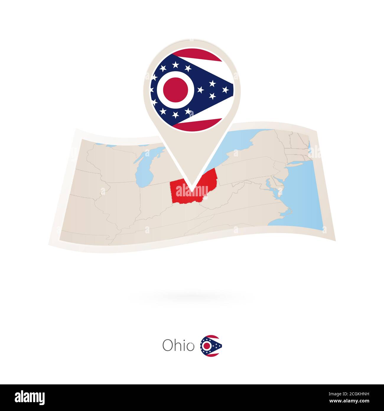 Folded paper map of Ohio U.S. State with flag pin of Ohio. Vector ...