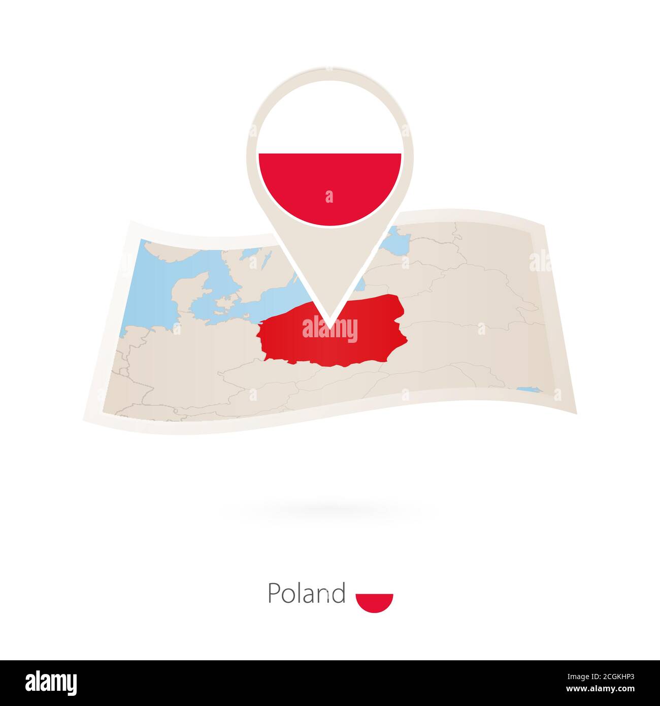 Folded paper map of Poland with flag pin of Poland. Vector Illustration ...