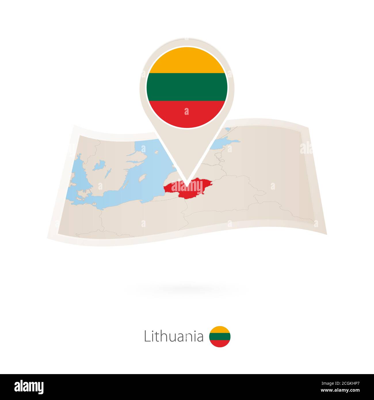 Folded paper map of Lithuania with flag pin of Lithuania. Vector ...