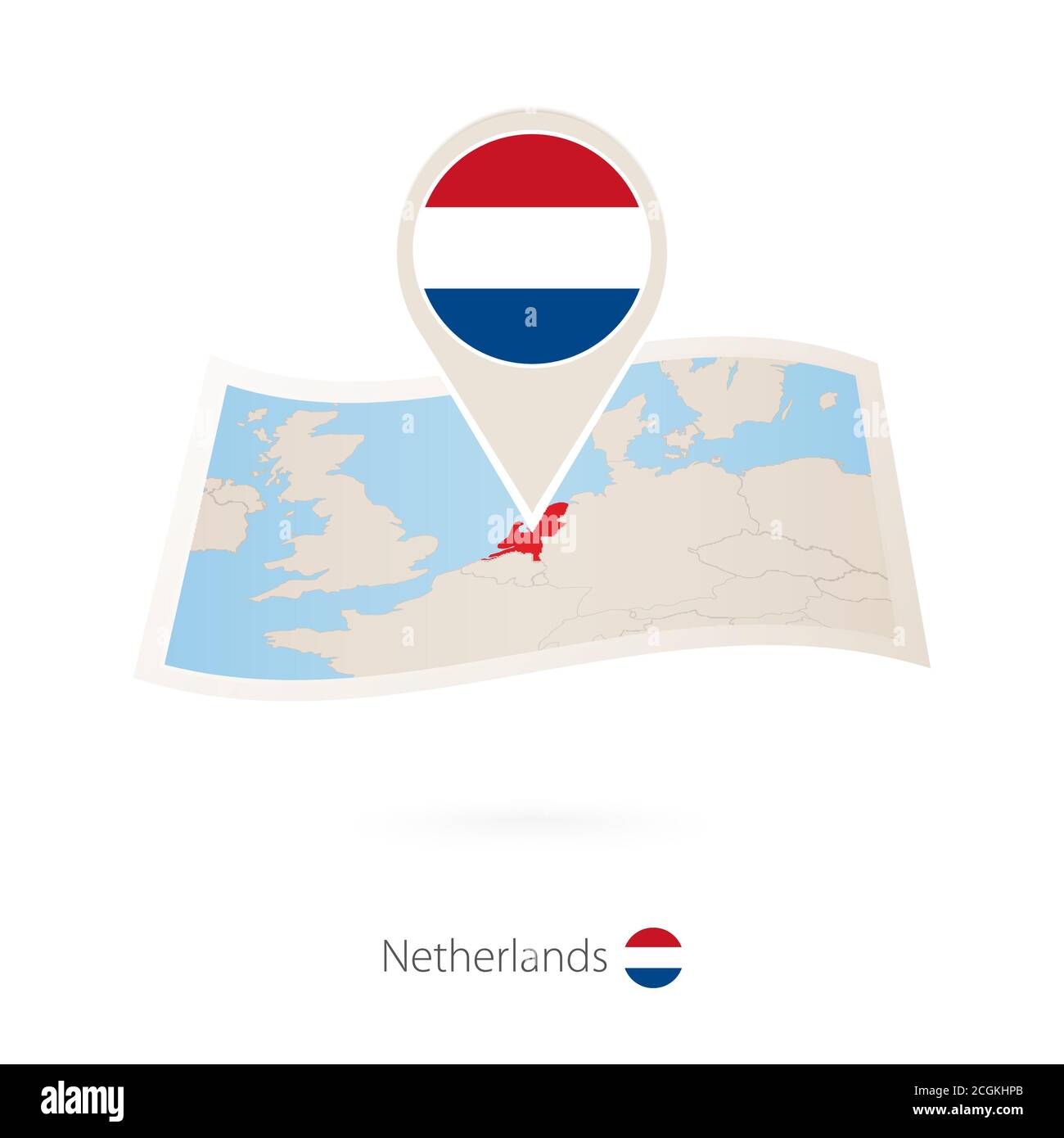Folded paper map of Netherlands with flag pin of Netherlands. Vector ...