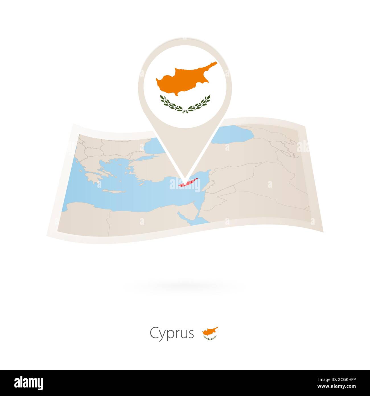 Folded paper map of Cyprus with flag pin of Cyprus. Vector Illustration ...