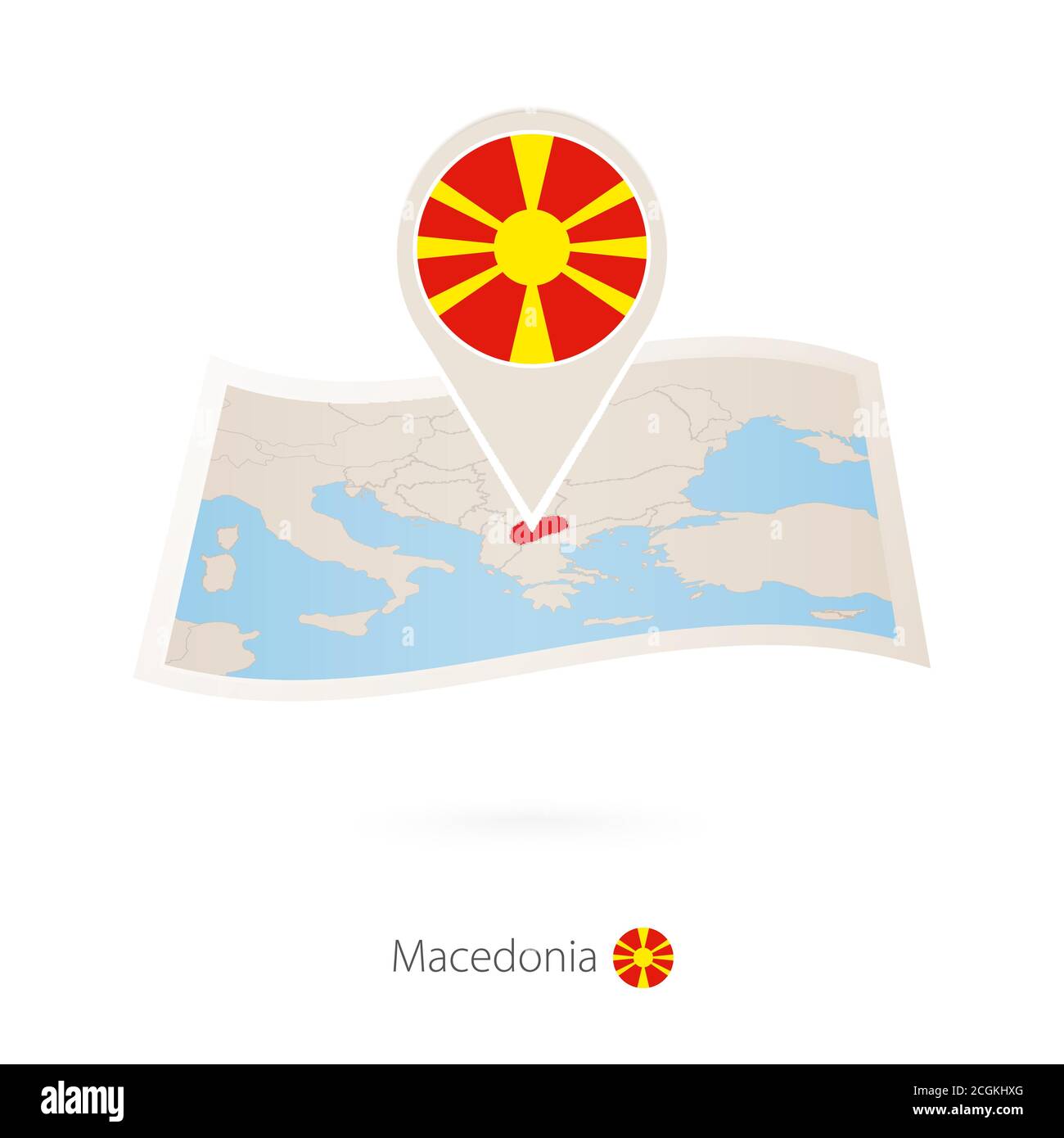 Folded paper map of Macedonia with flag pin of Macedonia. Vector ...