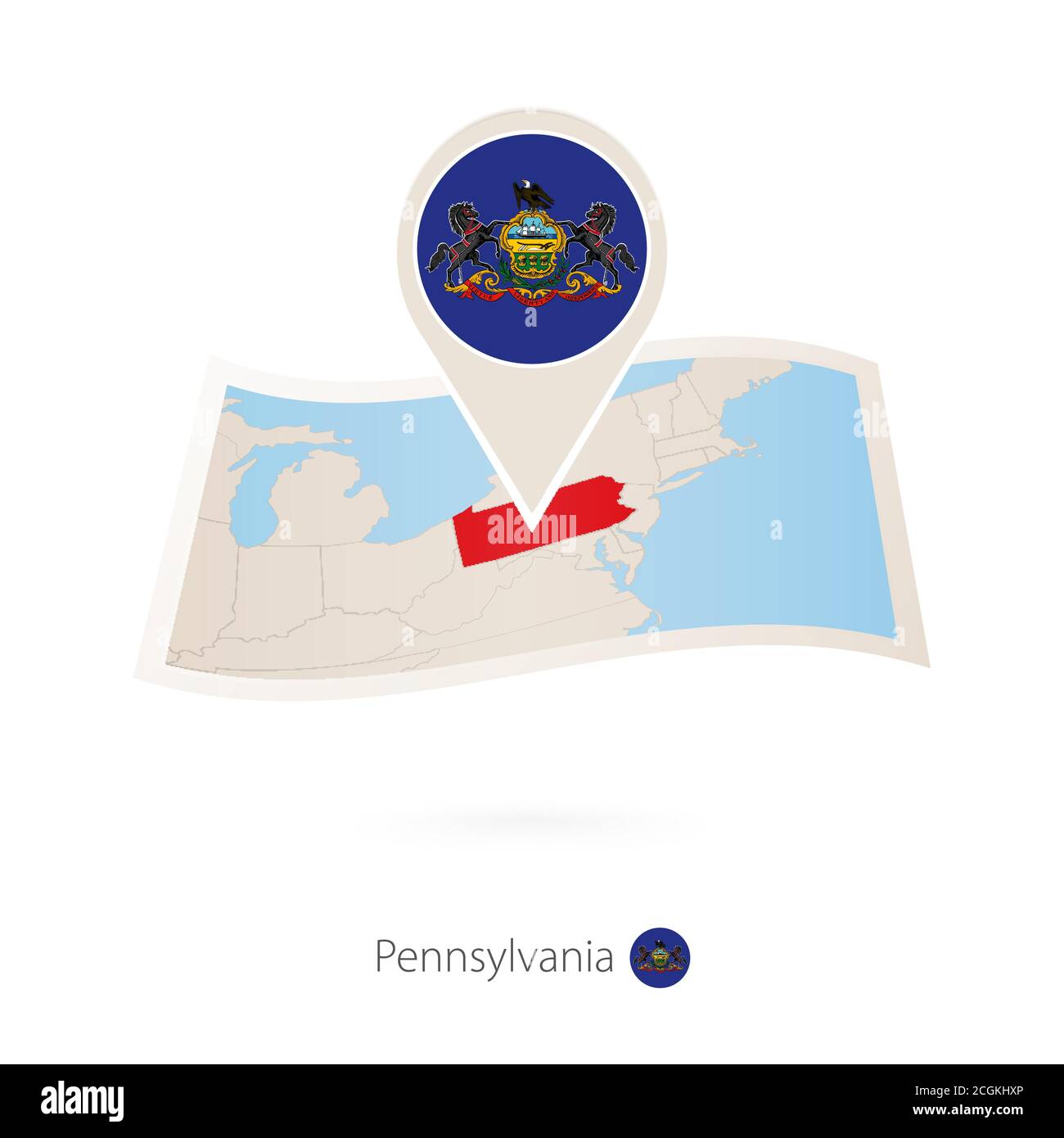 Folded paper map of Pennsylvania U.S. State with flag pin of ...