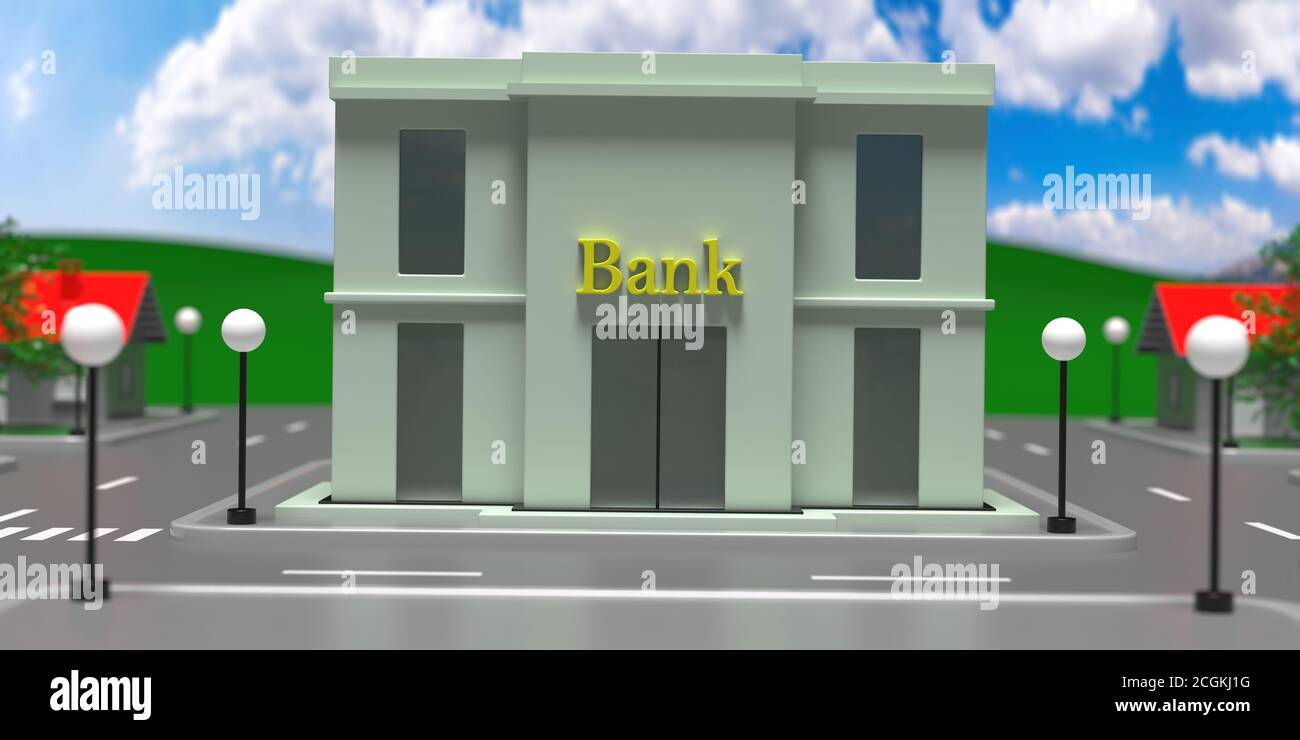 Bank building entrance front view, blue sky with clouds background ...