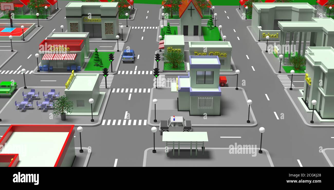City center isometric blocks map. Small town or suburb downtown ...