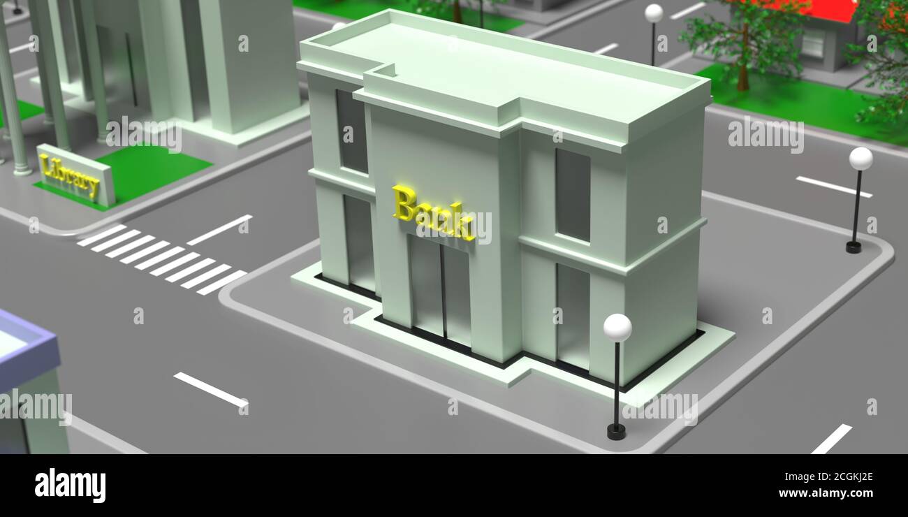 Bank building entrance high angle view. Small town isometric block with ...