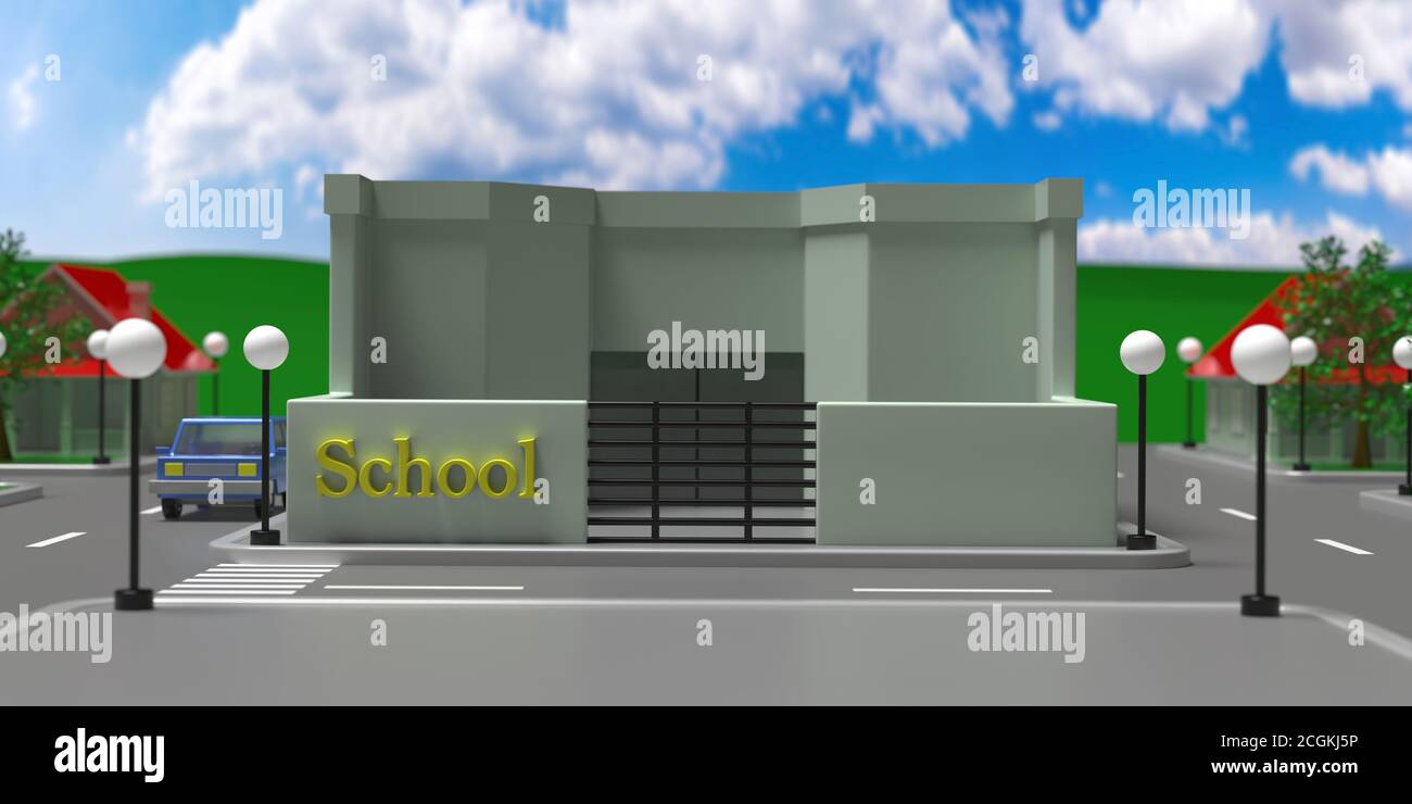 Small school building entrance front view, blue sky with clouds ...