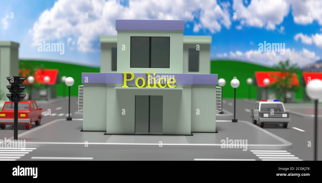 Police building entrance front view, blue sky with clouds background ...