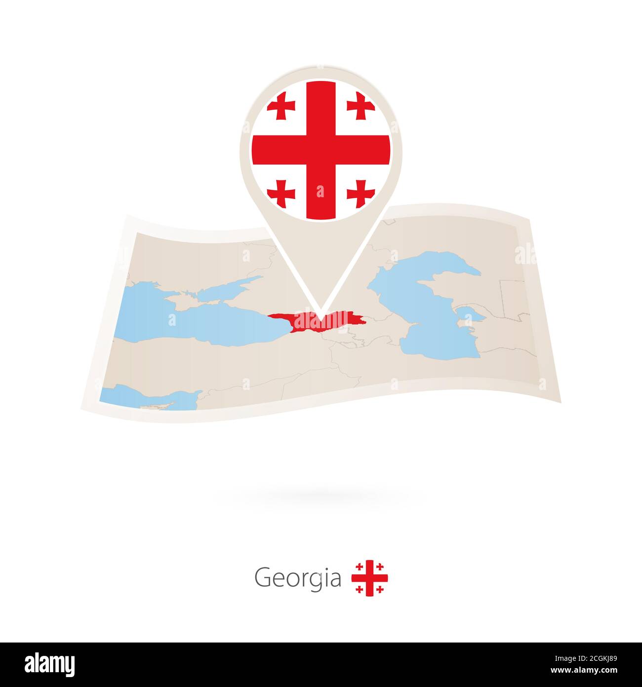 Folded paper map of Georgia with flag pin of Georgia. Vector ...