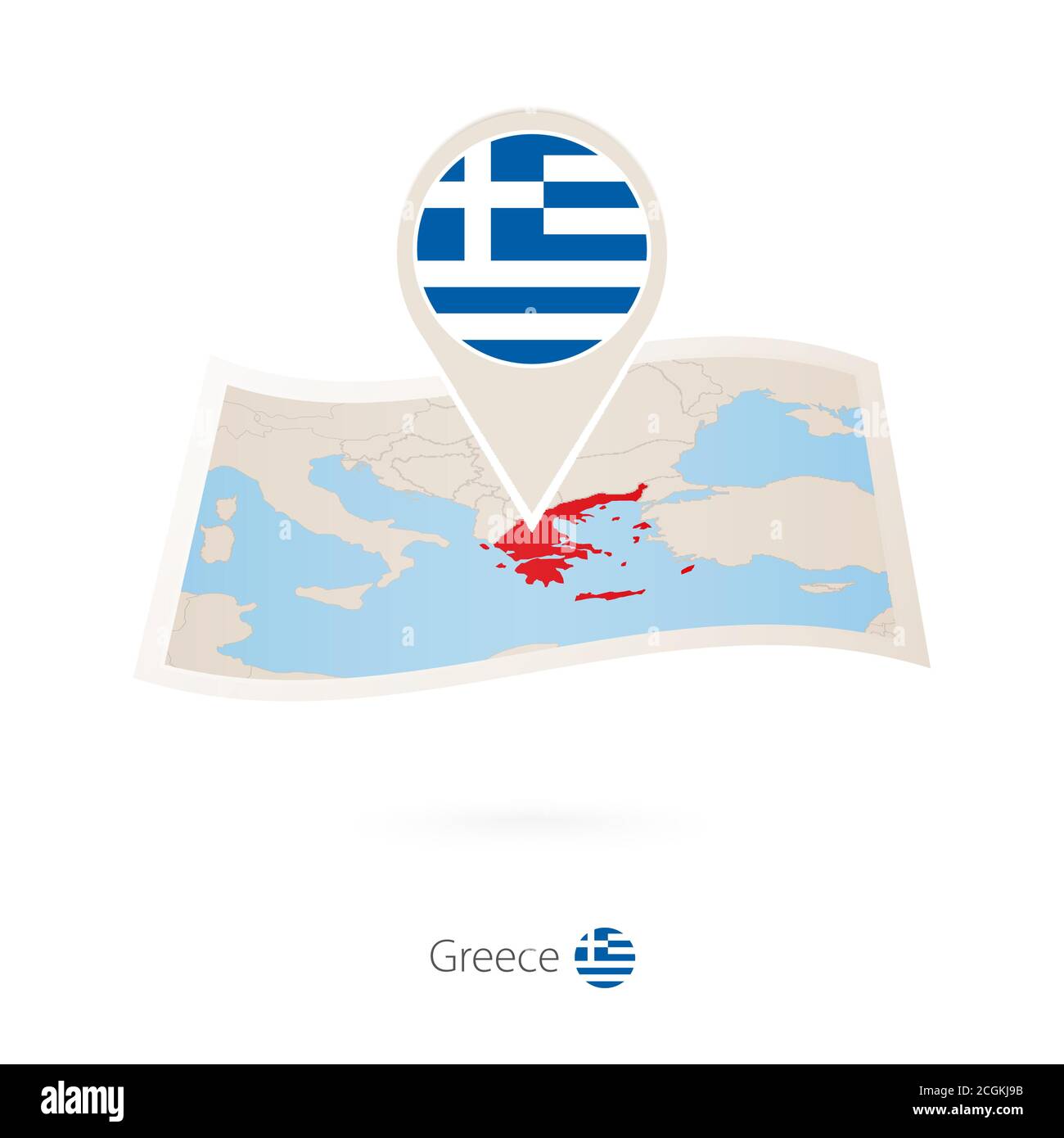 Folded paper map of Greece with flag pin of Greece. Vector Illustration ...