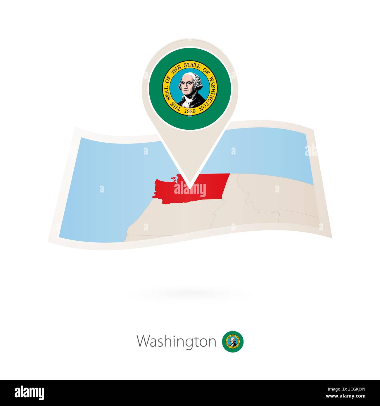 Folded paper map of Washington U.S. State with flag pin of Washington ...