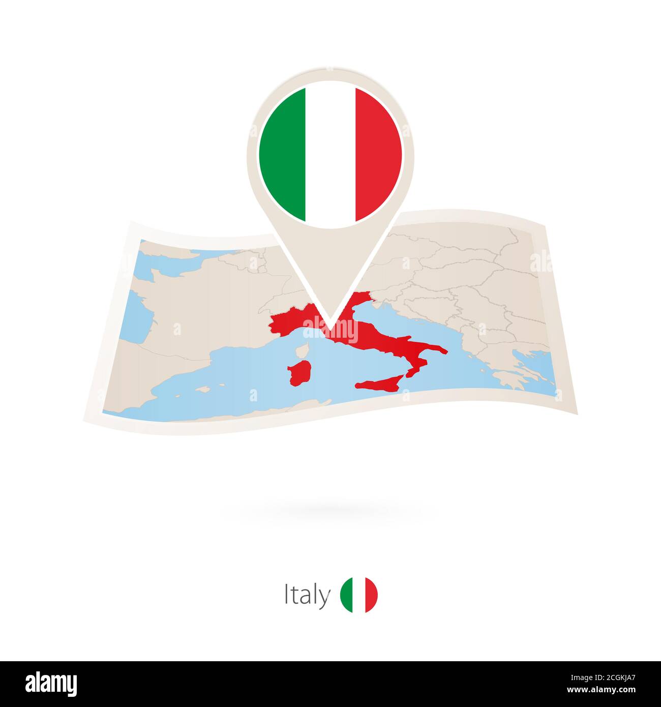 Folded paper map of Italy with flag pin of Italy. Vector Illustration ...