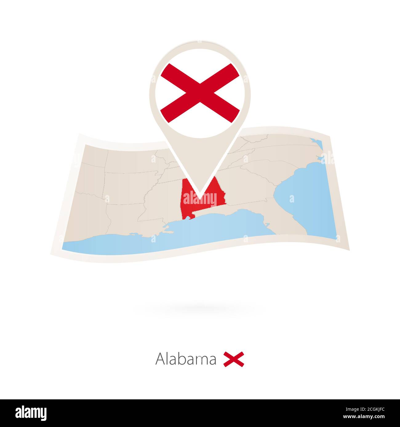 Folded paper map of Alabama U.S. State with flag pin of Alabama. Vector ...