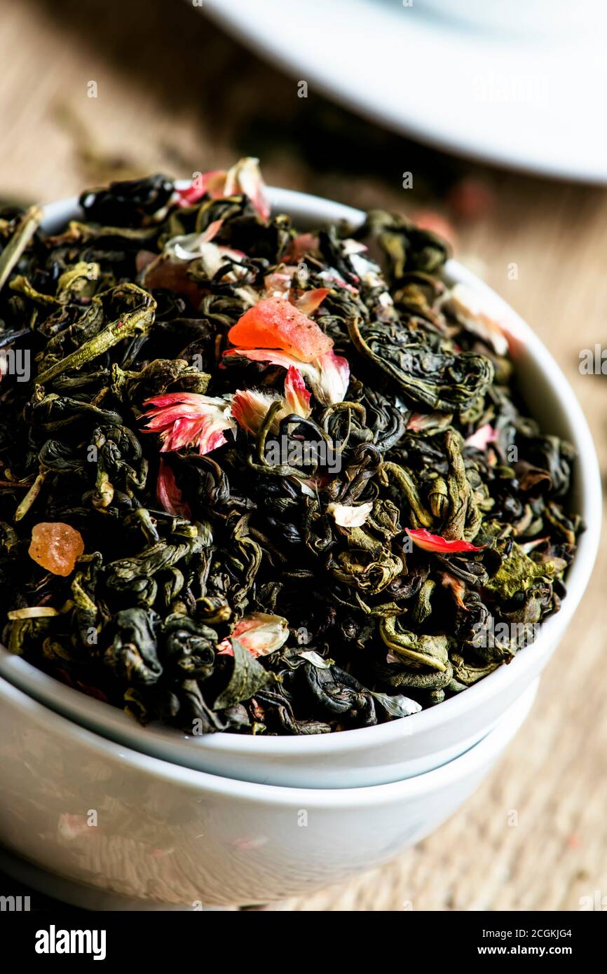 Ceylon green tea with petals of cherry blossom and dried fruits ...