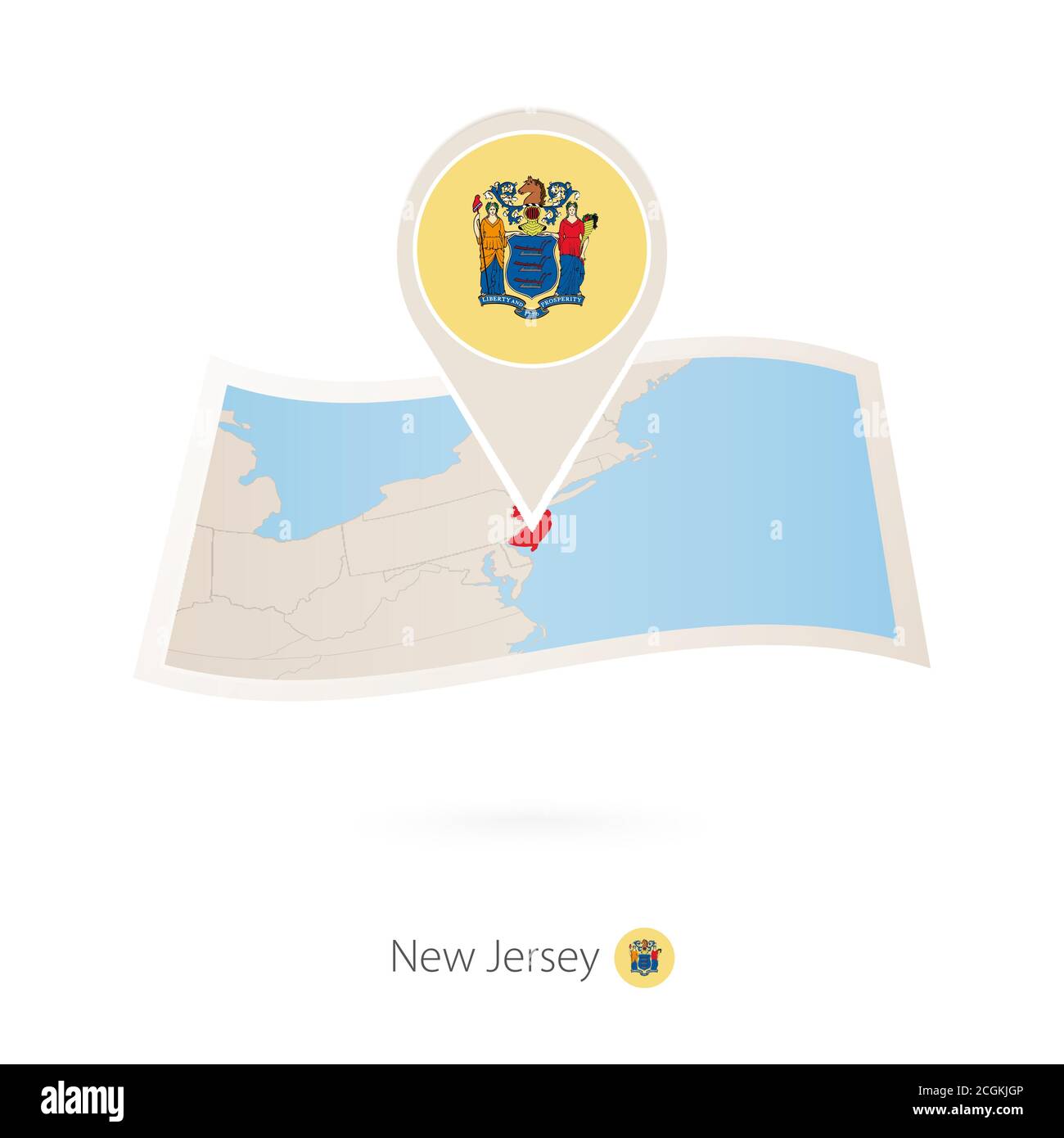 Folded paper map of New Jersey U.S. State with flag pin of New Jersey ...