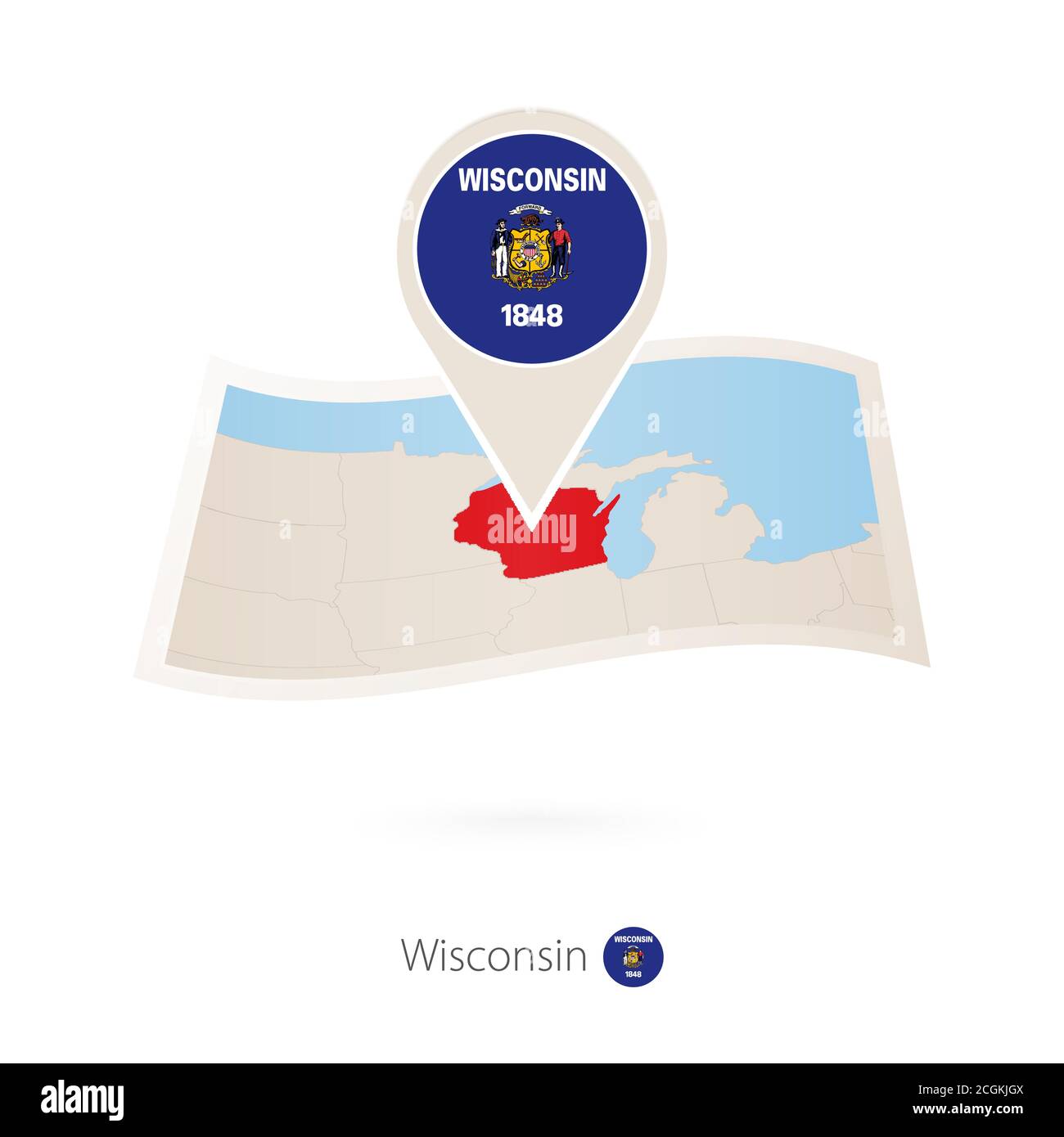 Folded paper map of Wisconsin U.S. State with flag pin of Wisconsin ...