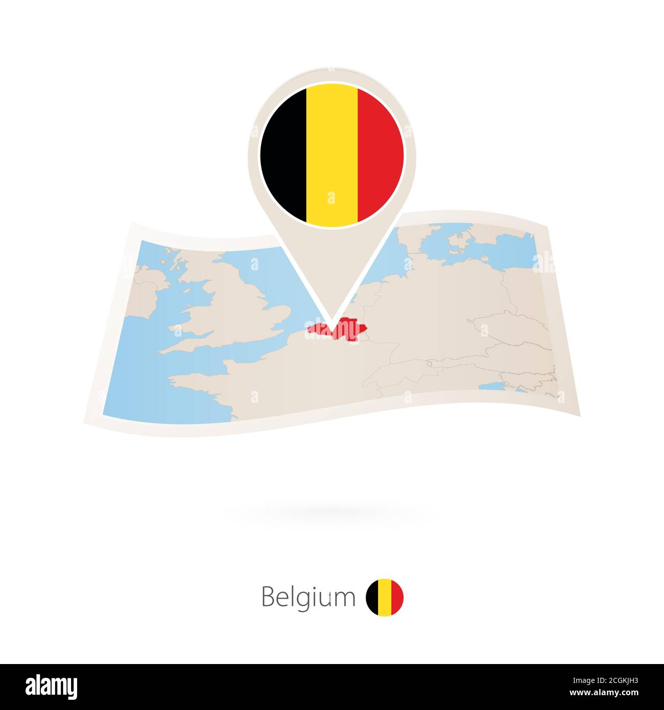 Folded paper map of Belgium with flag pin of Belgium. Vector ...