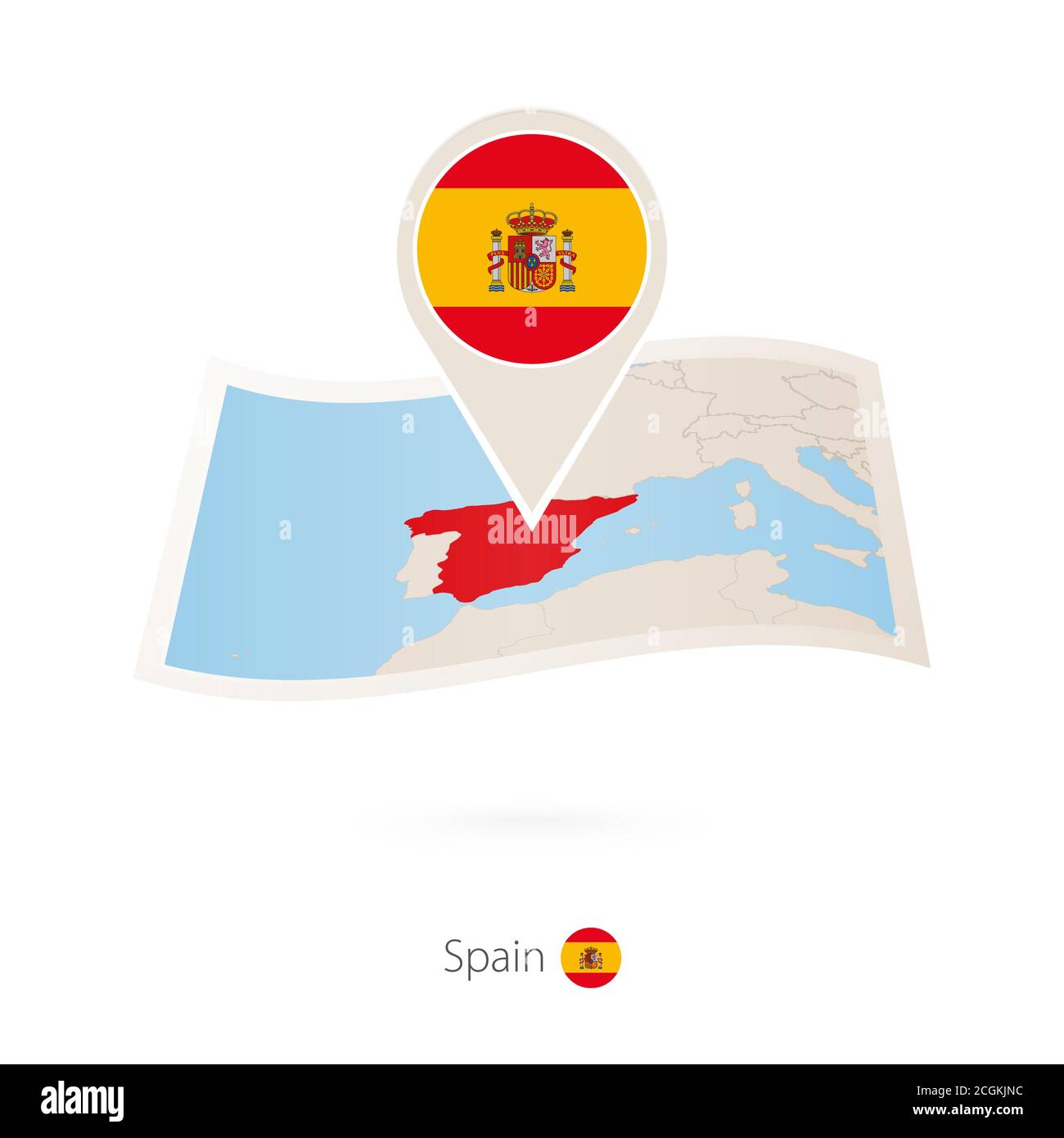 Folded paper map of Spain with flag pin of Spain. Vector Illustration ...