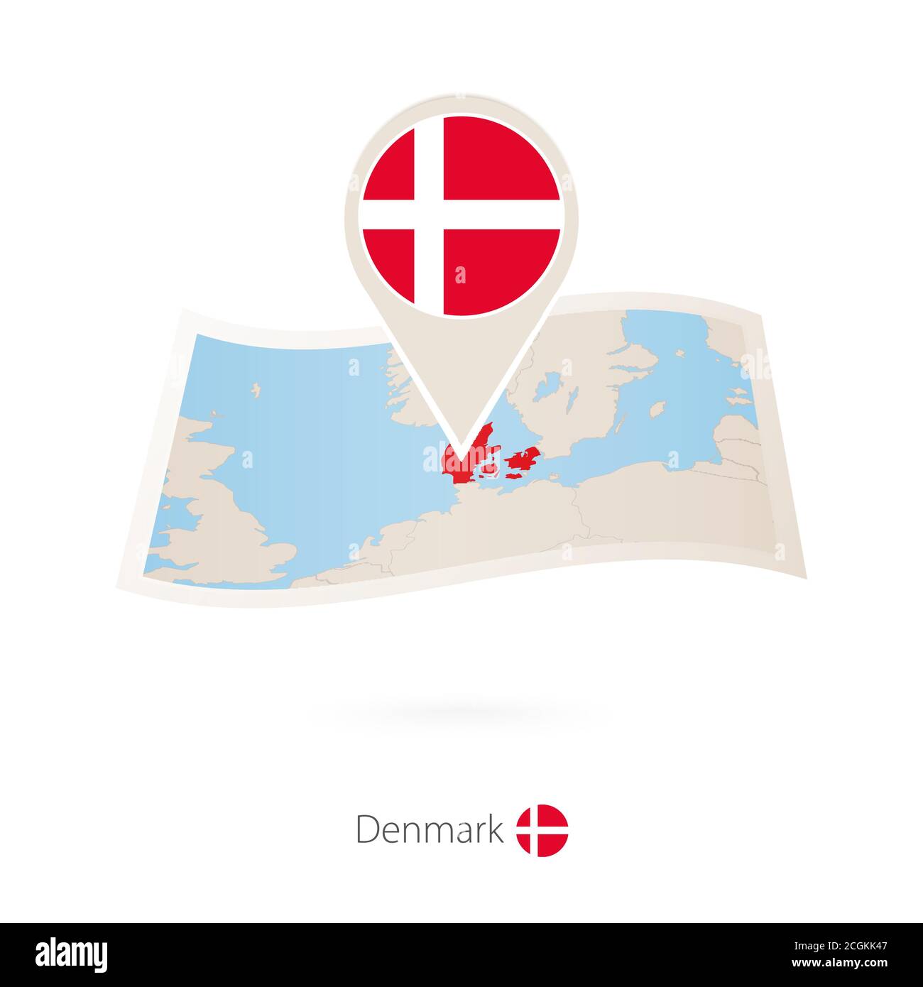 Folded paper map of Denmark with flag pin of Denmark. Vector Illustration Stock Vector Image ...