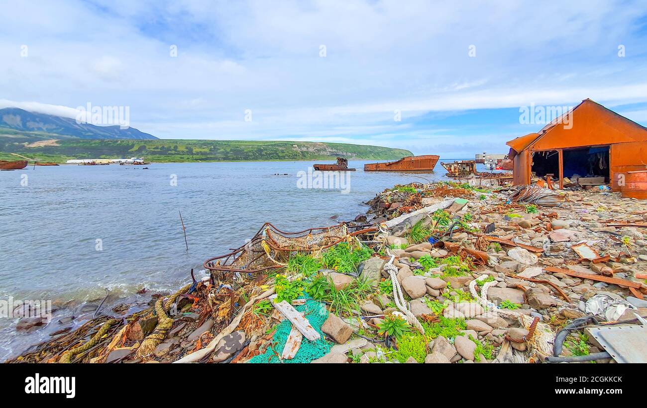 Plastic rubbish pollution in ocean. Ship ropes and nets thrown directly ...