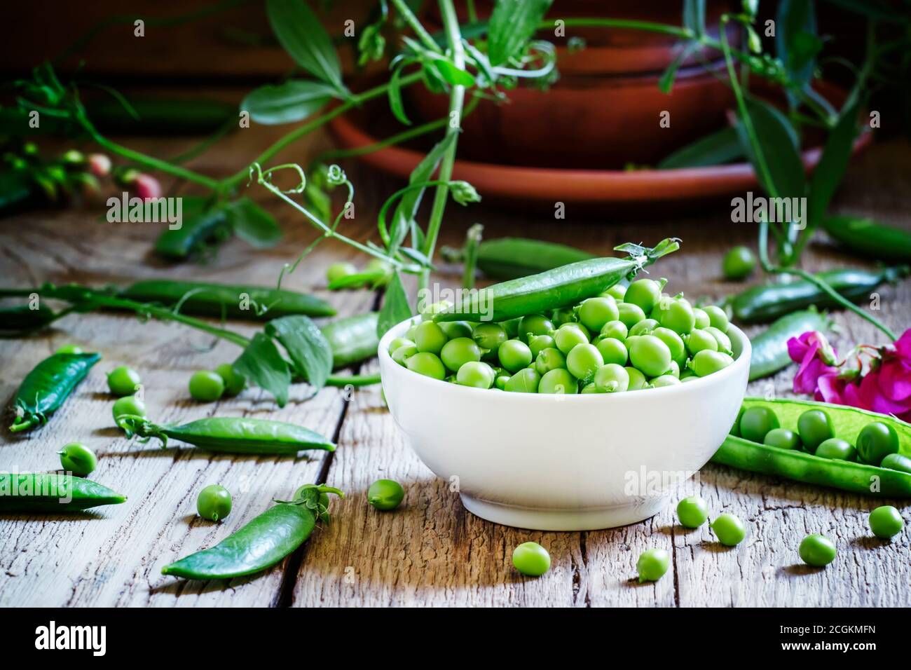 Peeled pea green peas in a white porcelain bowl, vintage wooden ...
