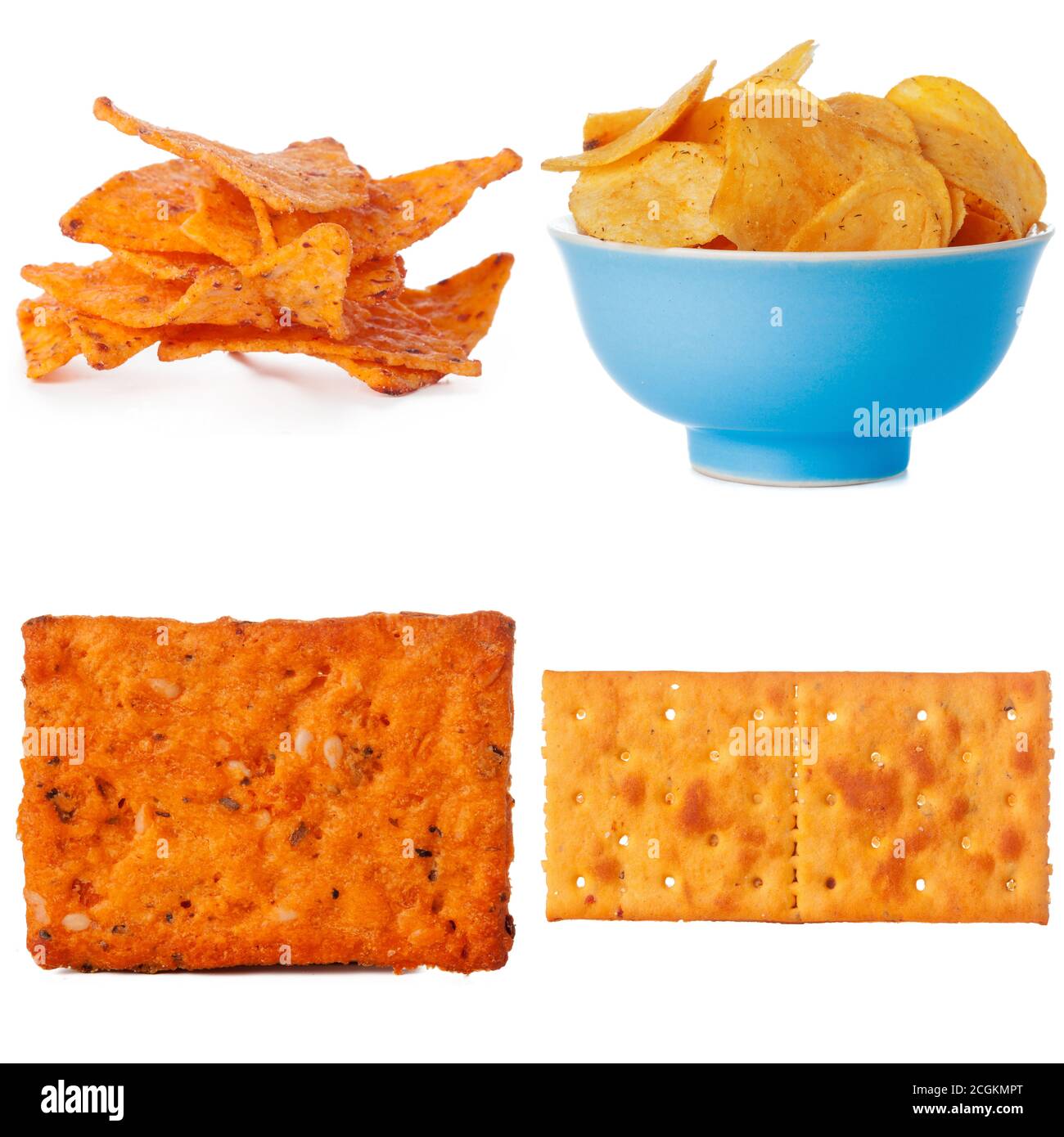 Salty snacks isolated on white background collage Stock Photo - Alamy