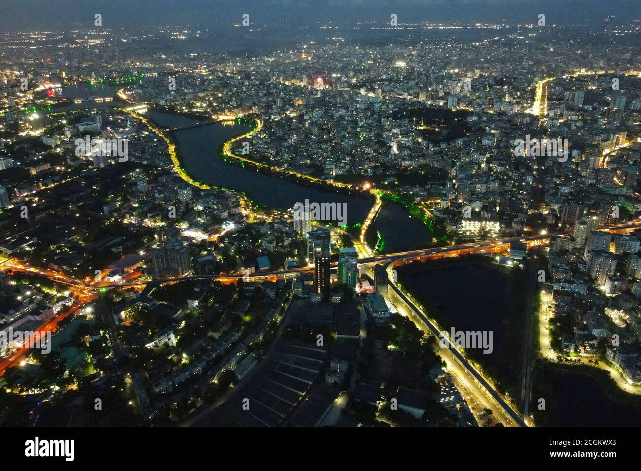 Dhaka, Bangladesh. 11th Sep, 2020. Aerial view from Drone: Night city flying over the road and ...