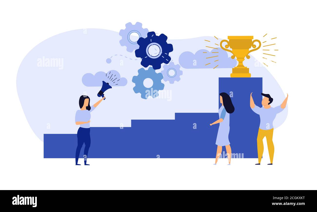 Achievement target career challenge vector flat illustration. Woman kpi ...