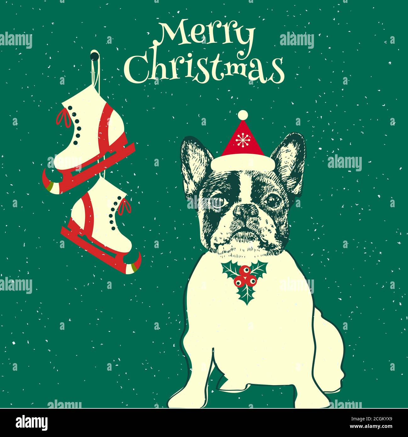 Hand drawn vector of French Bulldog. Merry Christmas card Stock Vector ...