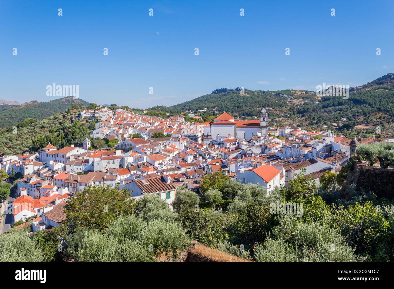 Castelo de Vide, with rooftops and landscape. Santa Maria Church and ...