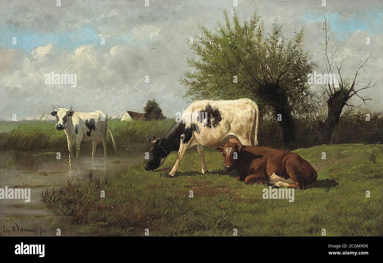 Damme Sylva Emile Van - Pastoral Landscape with Three Cows by a Stream ...