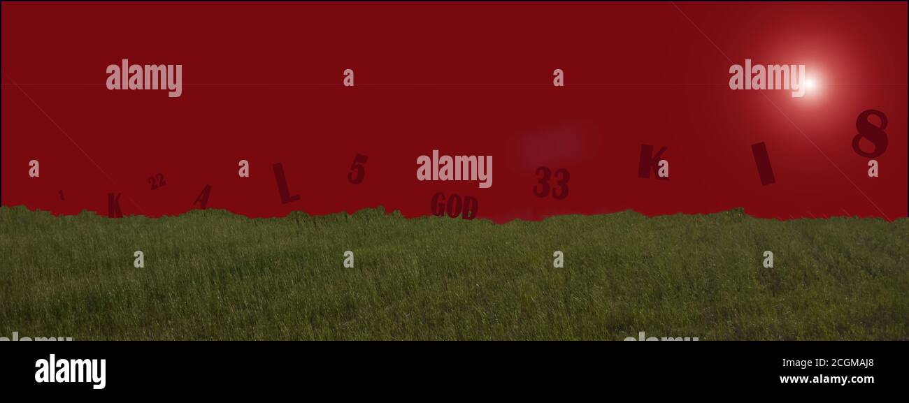 Red meadow and sky background with letters and numbers. Event concept ...