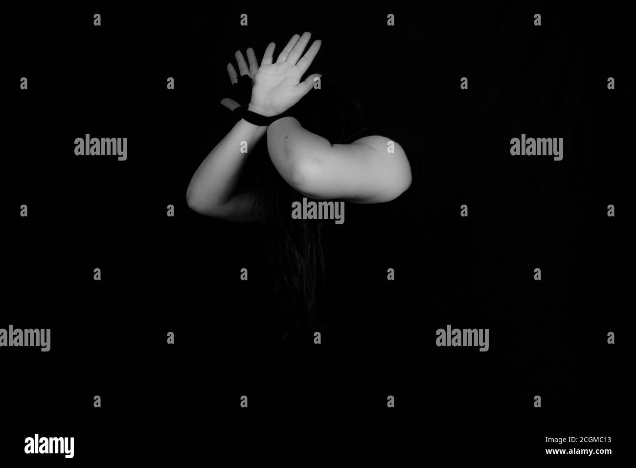 Victim with hands, victim of emotional stress and pain, abducted ...