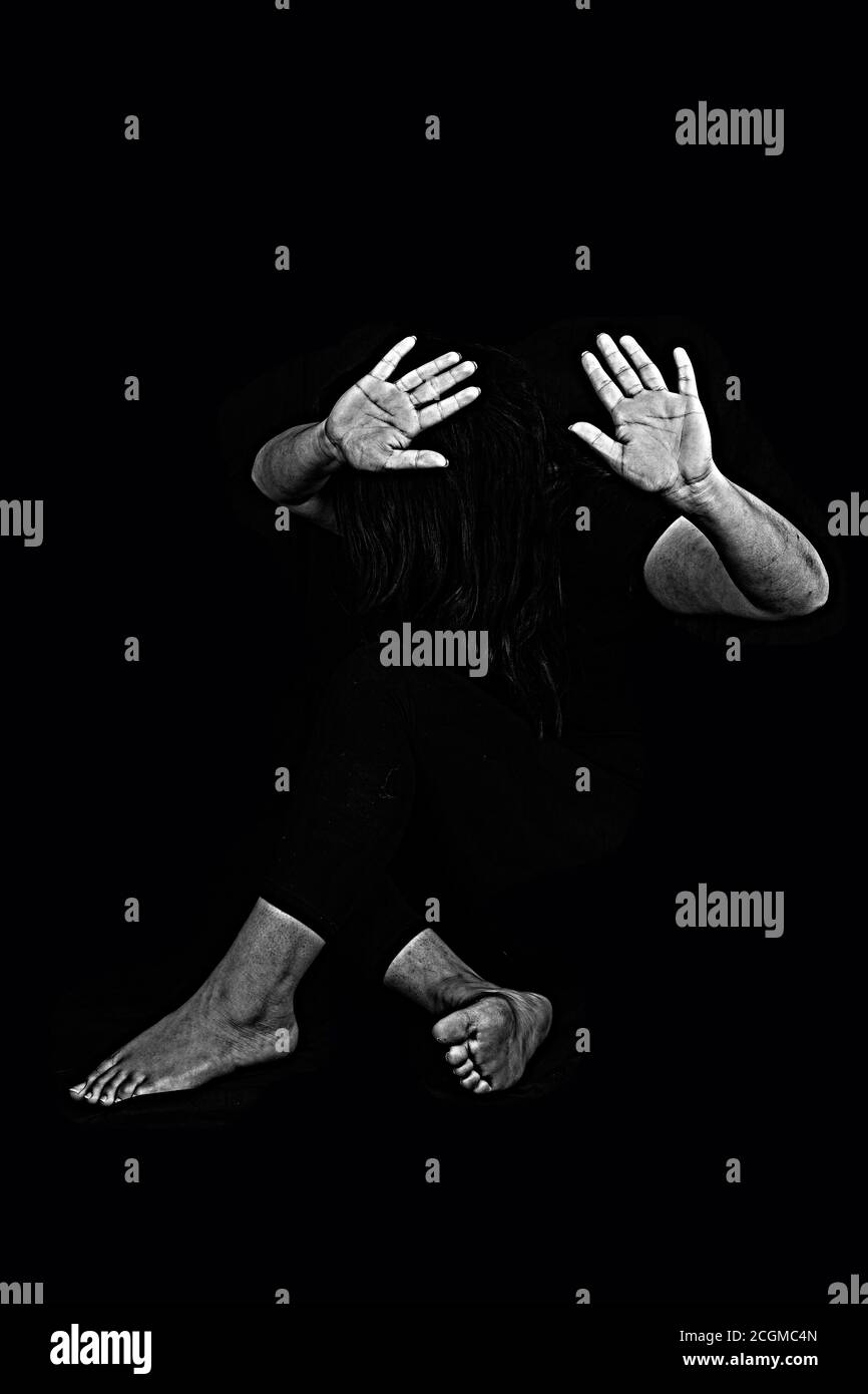 Victim with hands, victim of emotional stress and pain, abducted ...