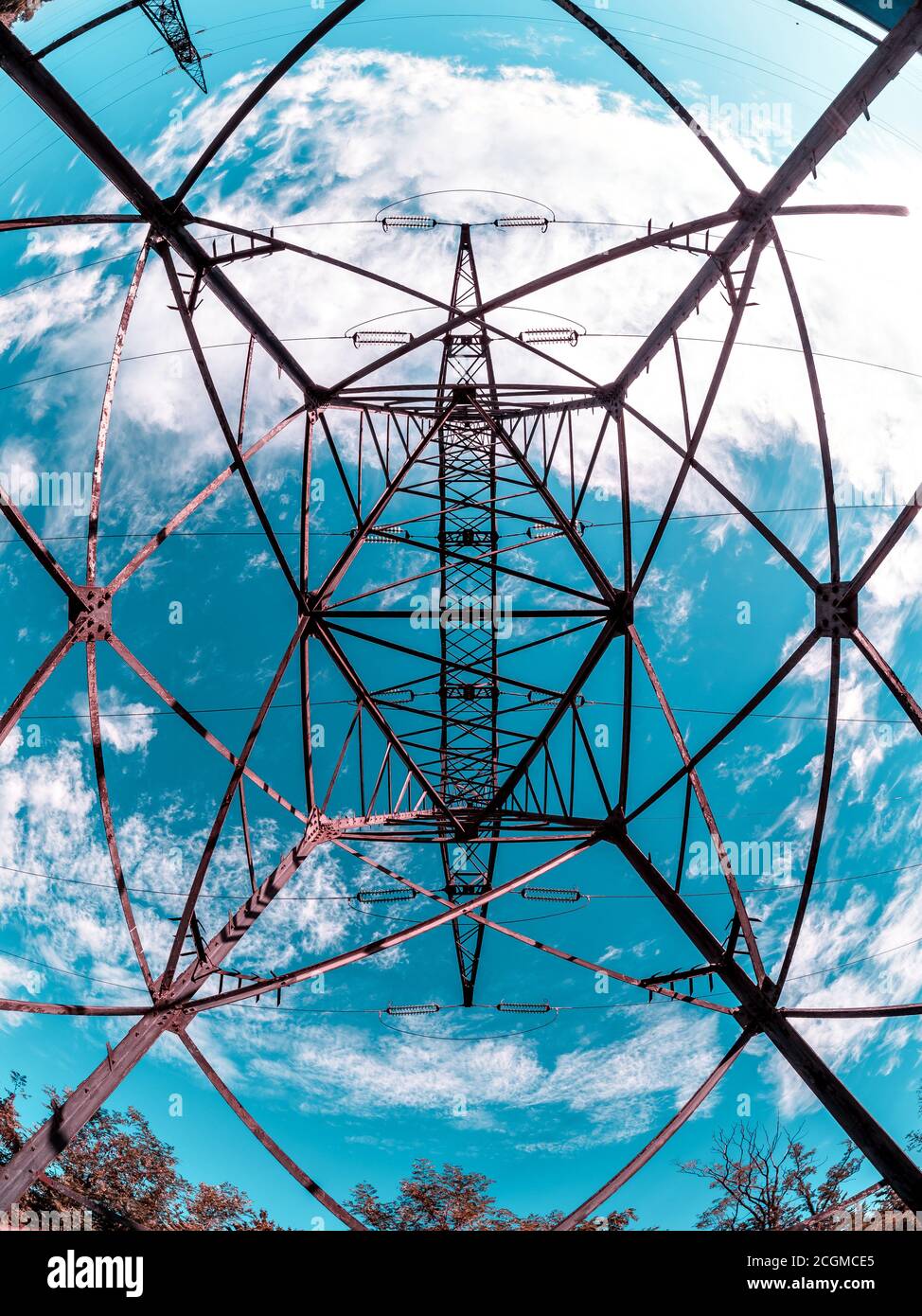 Power transmission mast. Wide angle view. Geometry and symmetry. France ...